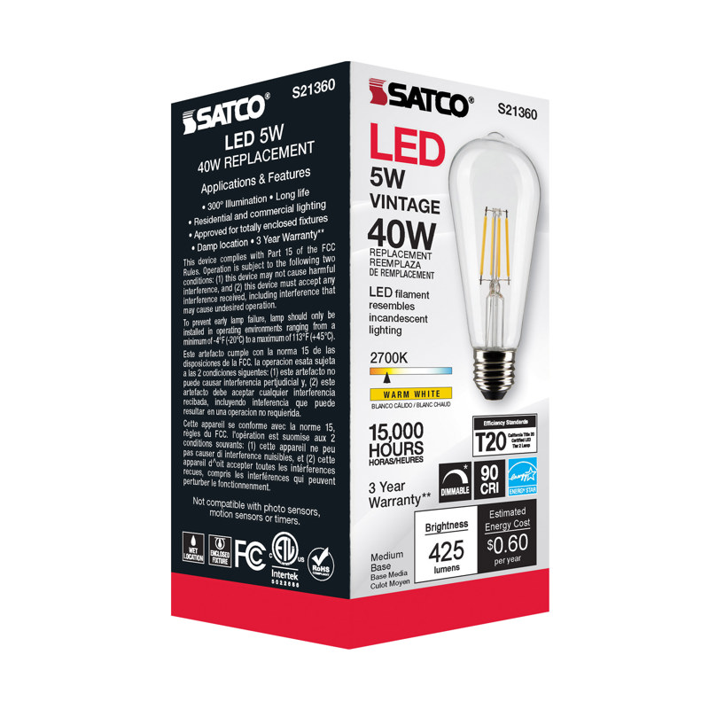 Satco S21360 5ST19/CL/LED/927/E26 5 WATT ST19 SHAPE LED CLEAR E26 BASE ...